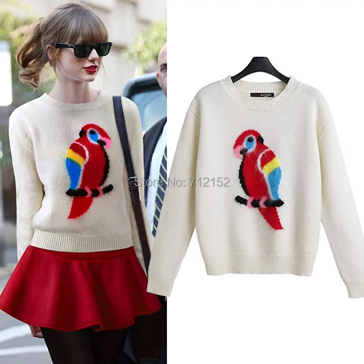 Fashion women's 2014 autumn long sleeve o neck parrot sweater shirt+ ...