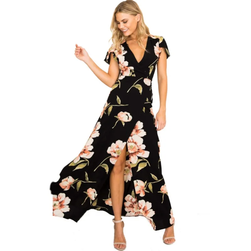 Long Summer Beach Long Dress Women Sexy Low cut Deep V Floral Patchwork ...