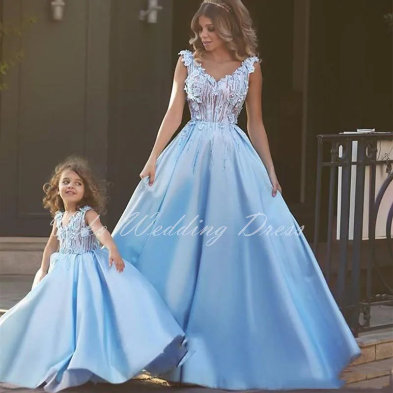 Stunning Baby Blue Princess Mother and Daughter Prom Dress V Neck 3D ...