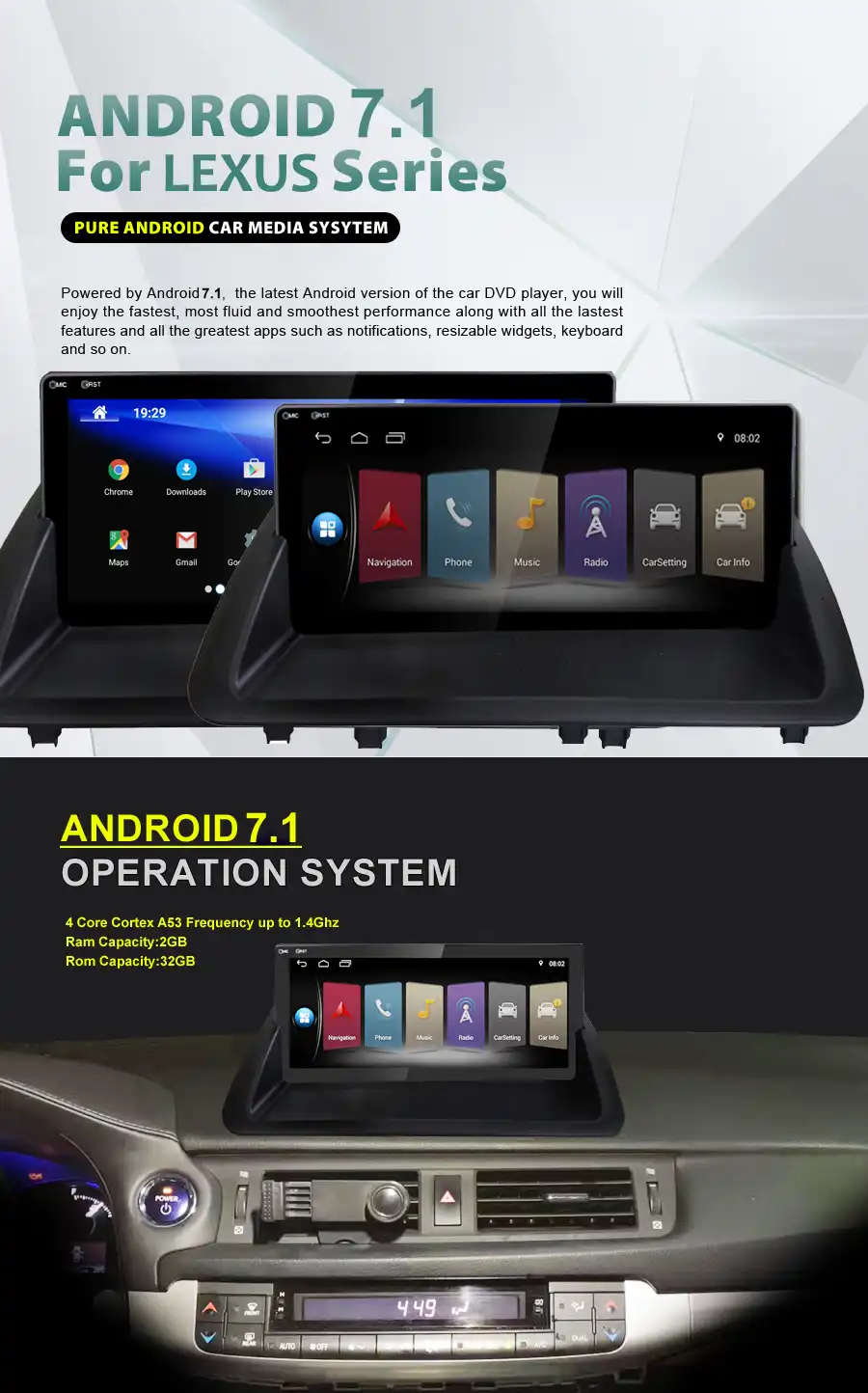 10.25 inch octa core NAVIRIDER Android 7.1 Car Radio WiFi GPS ...