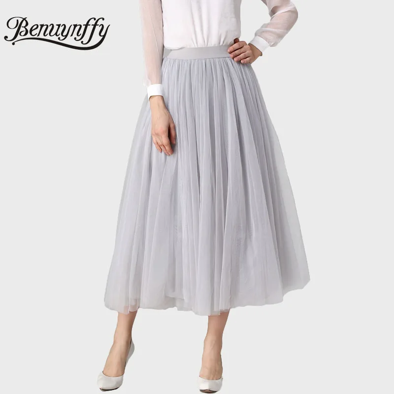 Benuynffy Pleated Maxi Tulle Skirts Womens Autumn Spring Summer Elegant