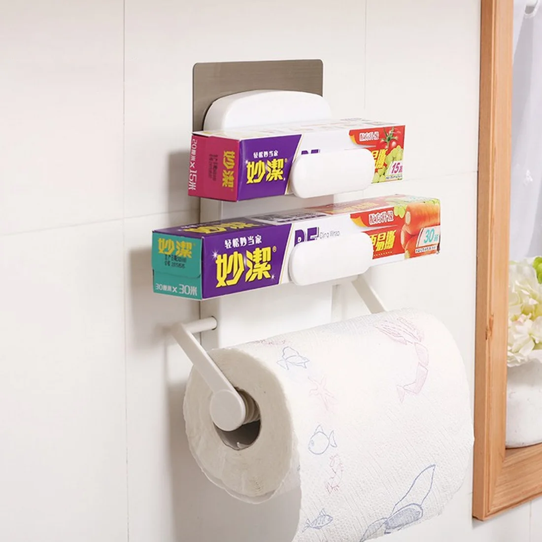 Kitchen Rack Wall-suction Mounted Paper Hanger Plastic Wrap Rack ...