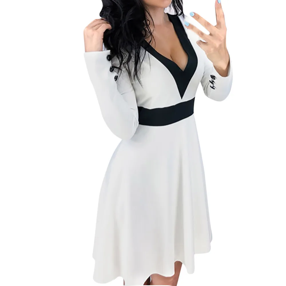 FASHION Women Sexy Elegant Dress Long Sleeve V Neck Button Decorative ...