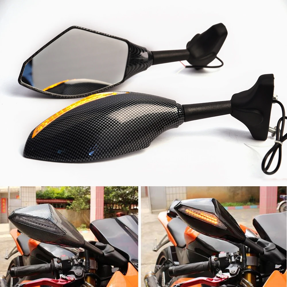 1 Pair Motorcycle Carbon Led Turn Signal Intergrated Mirrors For Suzuki