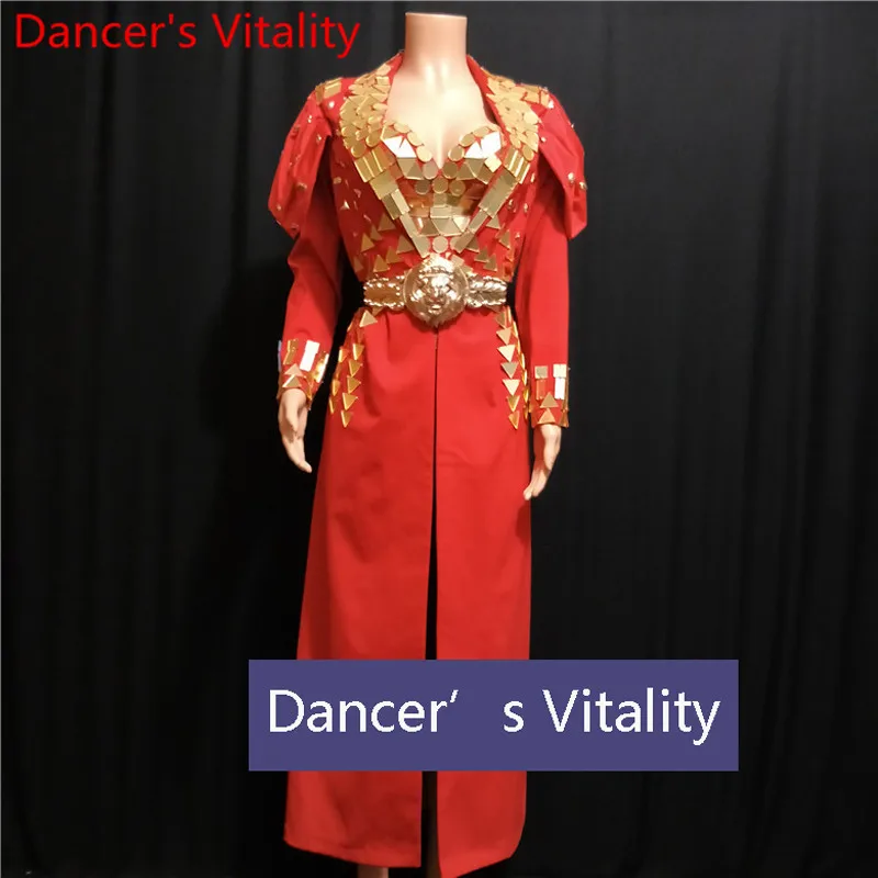Women Singer Host Dj Model Red Long Coat Stage Wear Pole Jazz Dancer ...