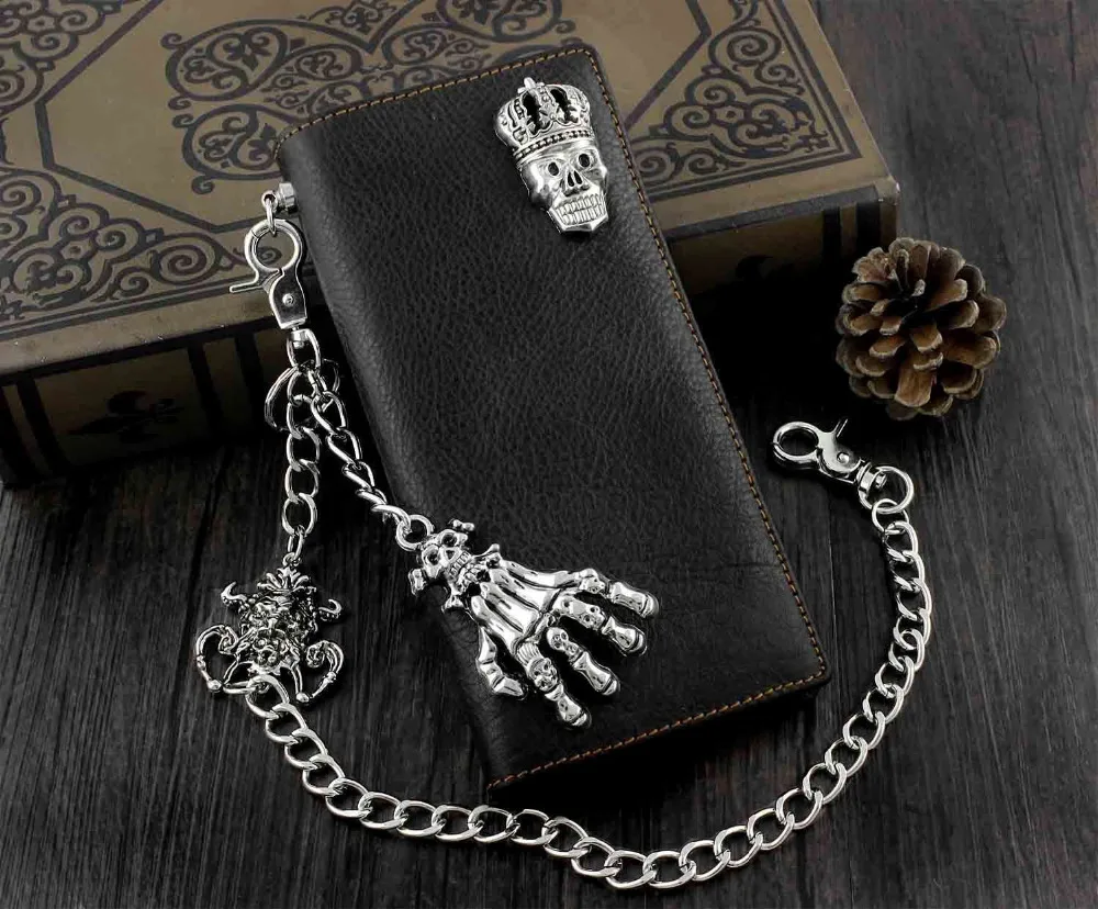 Skull Biker Punk Mens Leather Long Wallet With Jeans Key Chain ...