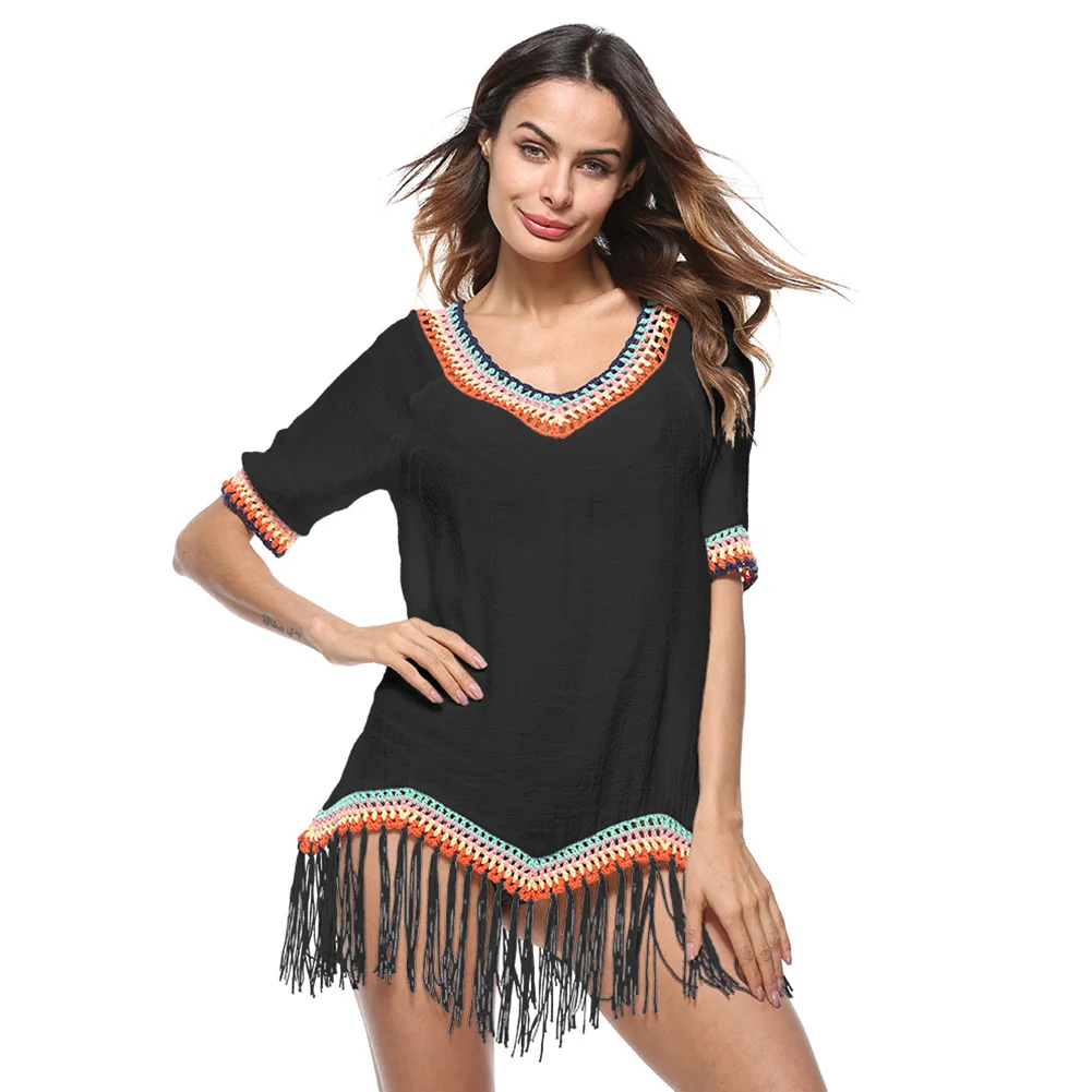 Women Long Kimono Cardigan Tassels Cover Ups V Neck Half Sleeves Asymmetrical Hemline Boho Beach