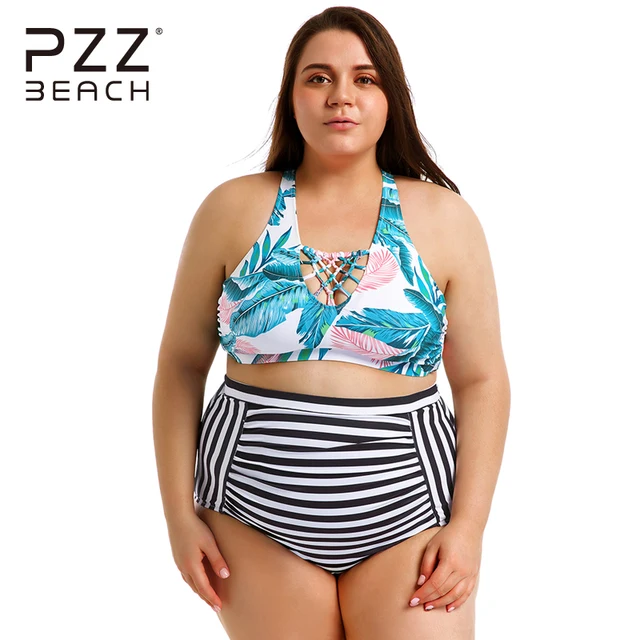 Floral Printed Plus Size Swimwear Push Up Padded Striped Bottom High
