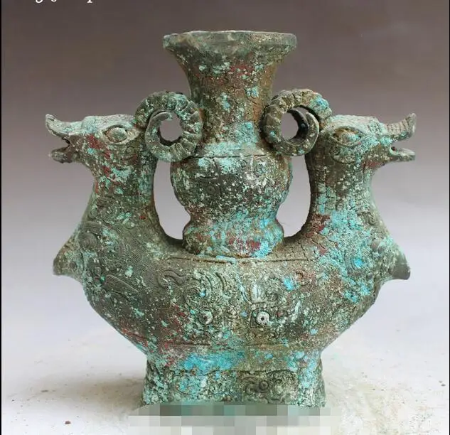 9" Old Chinese Bronze Ware Sheep Goat Goats Animal Zun Flower Vase ...