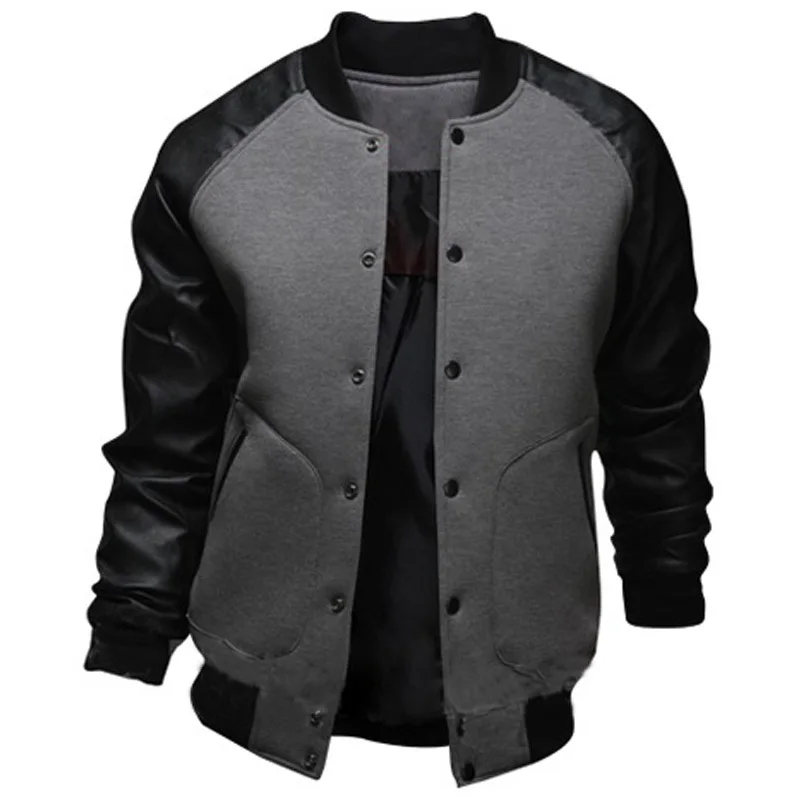 2016 Gray Baseball Jacket Men Fashion Design Black Pu Leather Sleeve ...