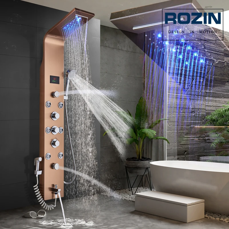 LED-Bathroom-Shower-Panel-6-Modes-Intelligent-LCD-Shower-Column-Rose ...