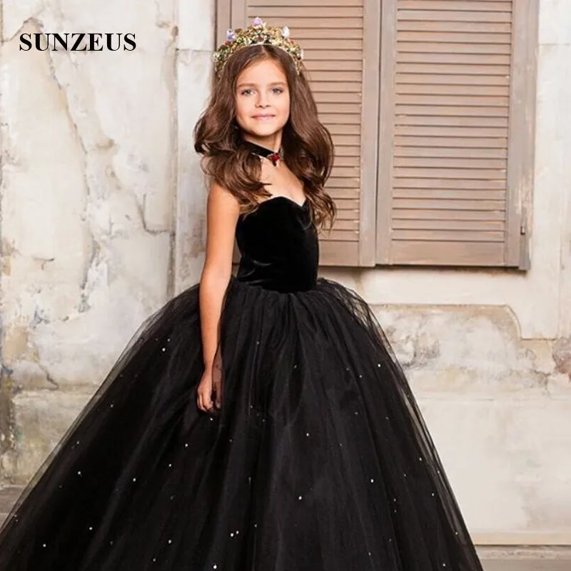 Long Black Girls Party Dress Ball Gown Sweetheart Sequined Tulle Flower ...
