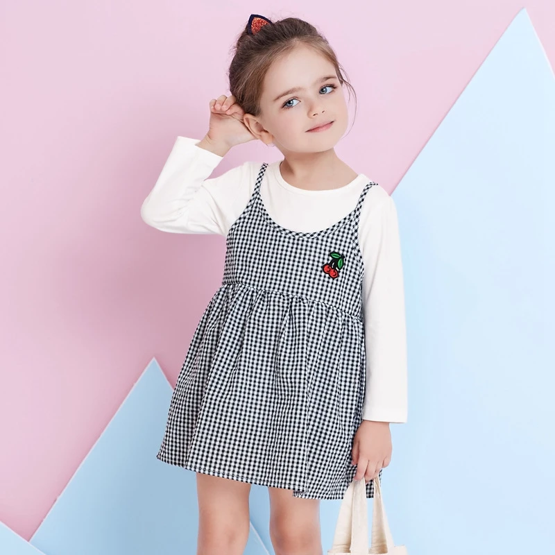 Girls Clothing Set Long Sleeved Shirt + Embroidery Checked Dress Baby ...