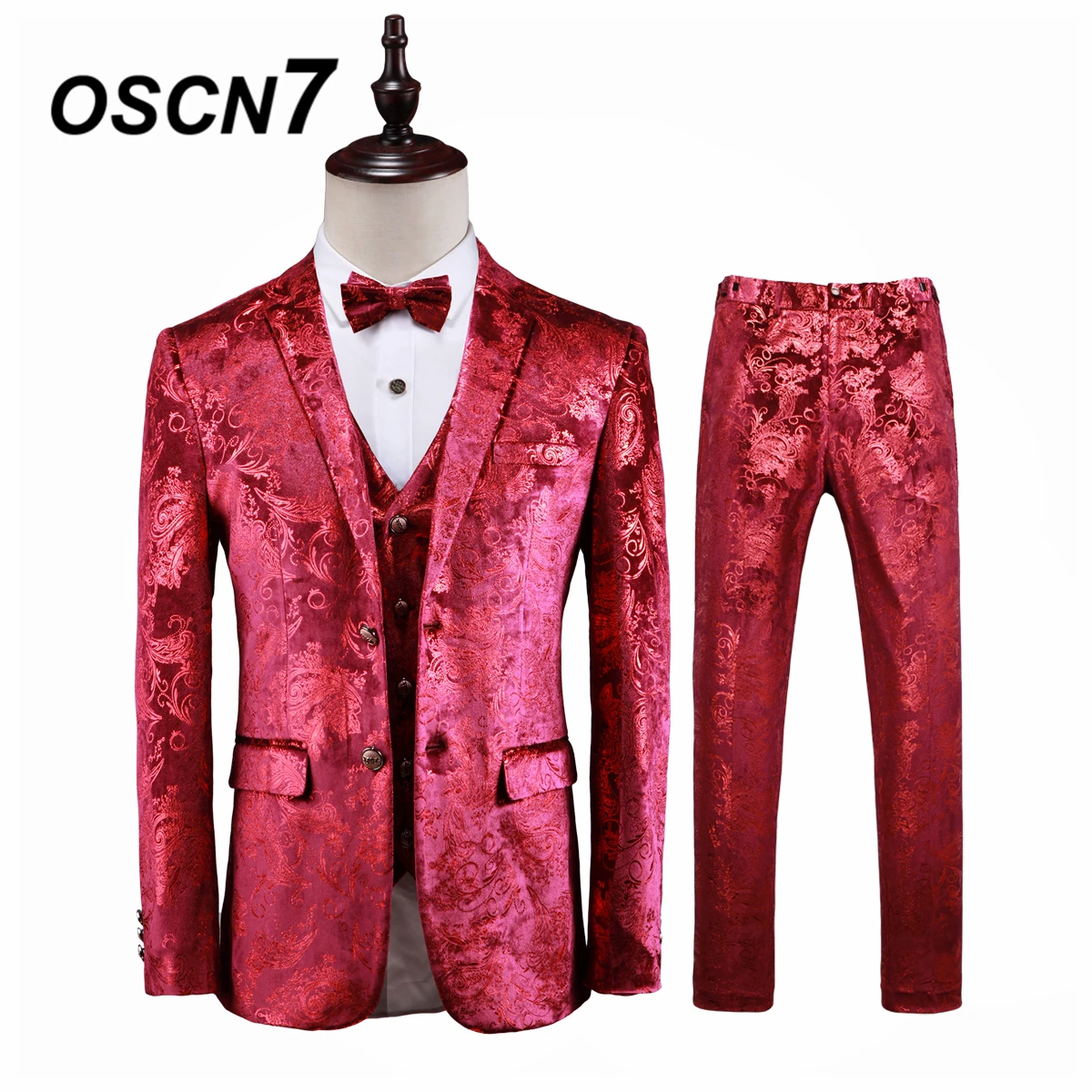 OSCN7 Leisure Slim Fit Red Print 3 Piece Suits Men 2019 Groom Wedding ...
