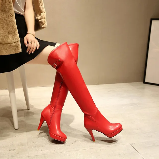 2017 New Elegant Red Sexy High Heels Boots Women Pointed Toe Long Boots ...
