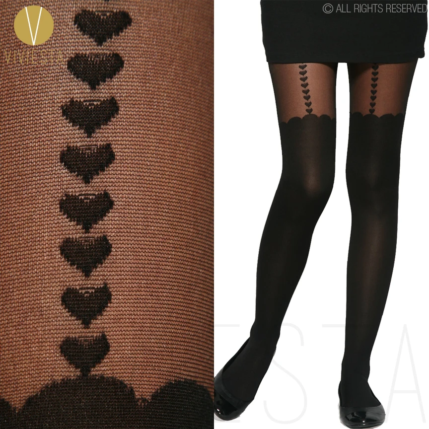 Heart Mock Suspender Tights 120d 30d Vintage Cute Sexy Sheer Black
