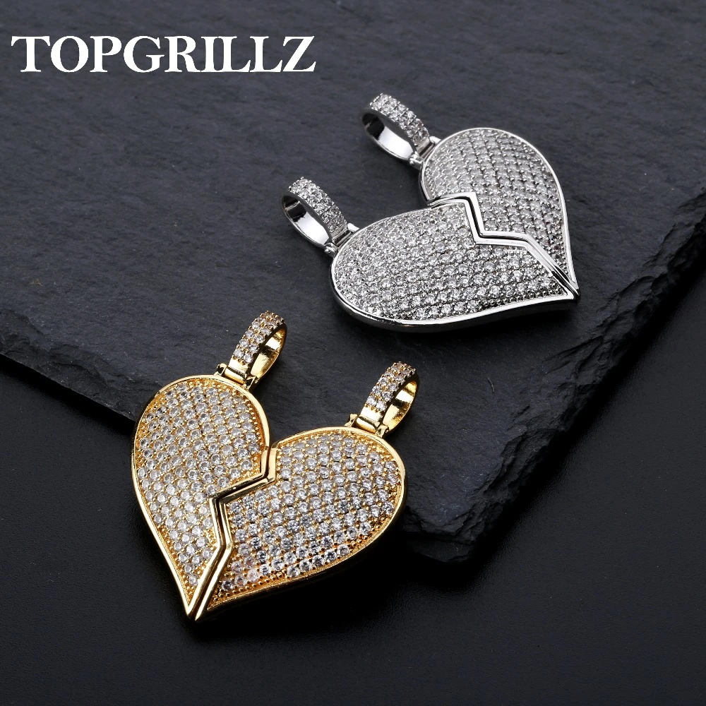 Solid Back Heart Broken With Magnet Iced Out Pendant Necklace Mens ...