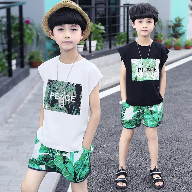 2018 big boy summer clothing set printed short sleeved Shirts+shorts ...