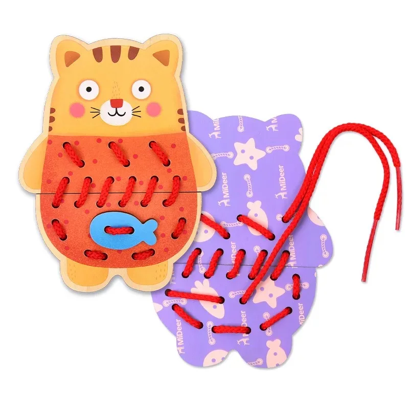 Children's educational learning rope wearing suit wooden DIY puzzle ...