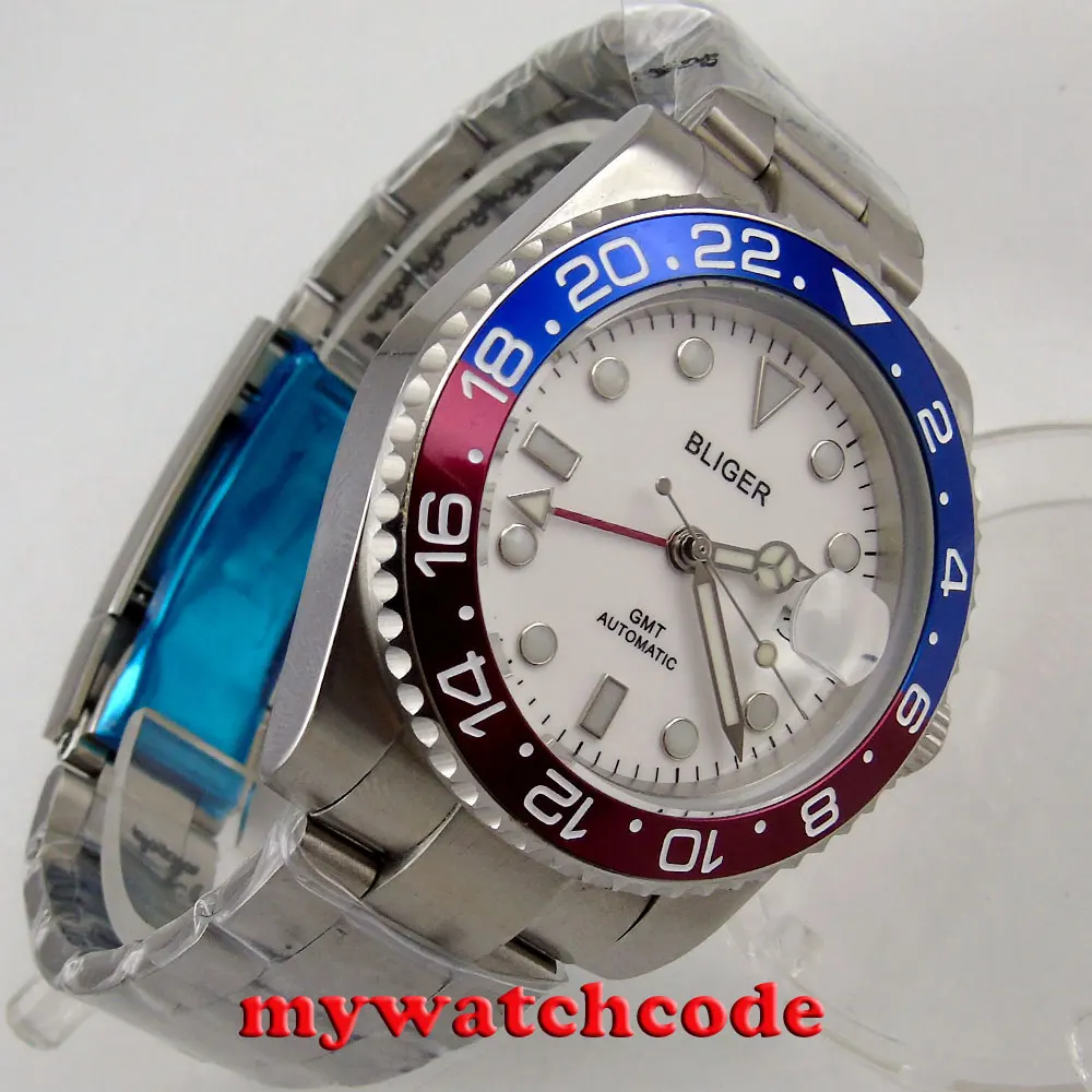 40mm bliger white dial sapphire glass GMT magnifying date automatic ...