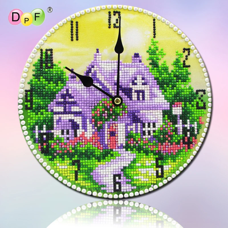 DPF-DIY-pink-house-clock-5D-round-diamond-painting-art-handwork-diamond ...
