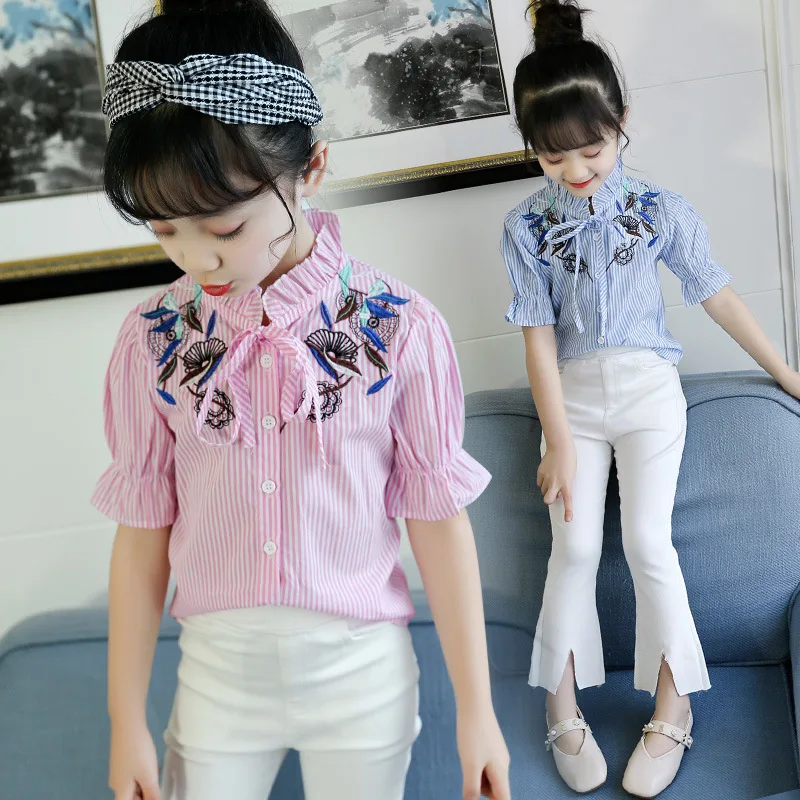 petal sleeve striped children blouses for baby girls embroidered kids ...