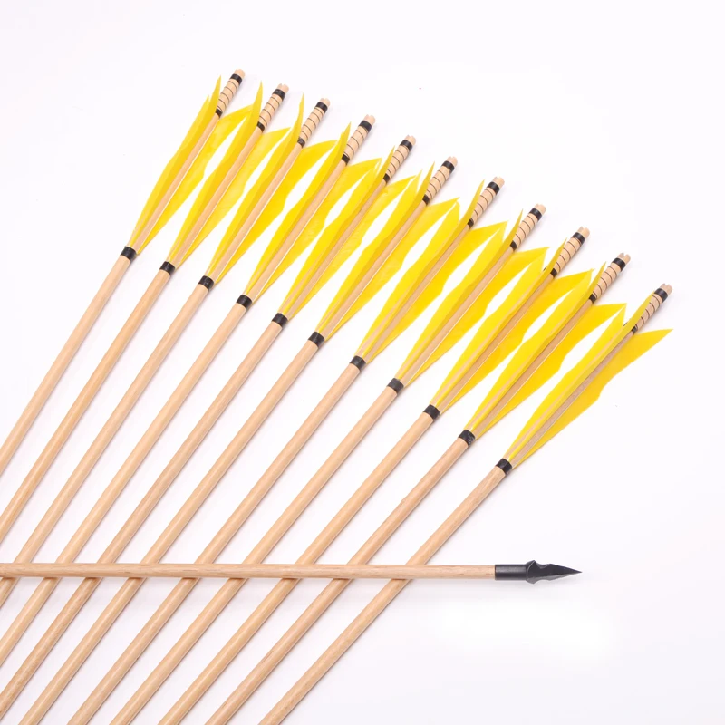 12x 31"/33" Hunting arrows Wooden arrows with 5" Yellow Eidolon Turkey ...