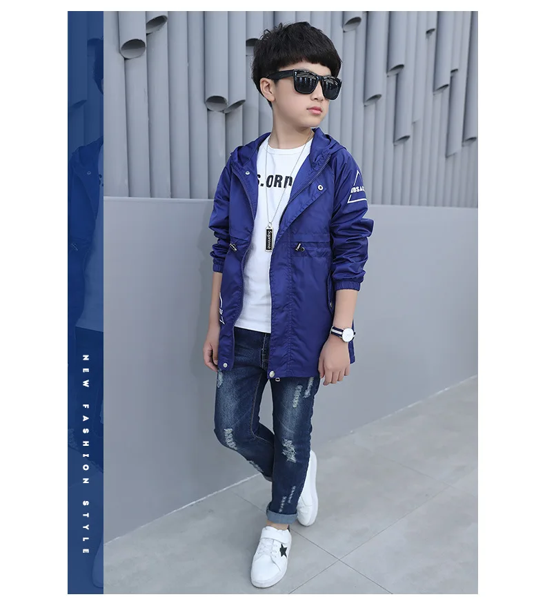 Teenage Boys Jackets Fashion Hooded Drawstring Trench Coat Long Section ...