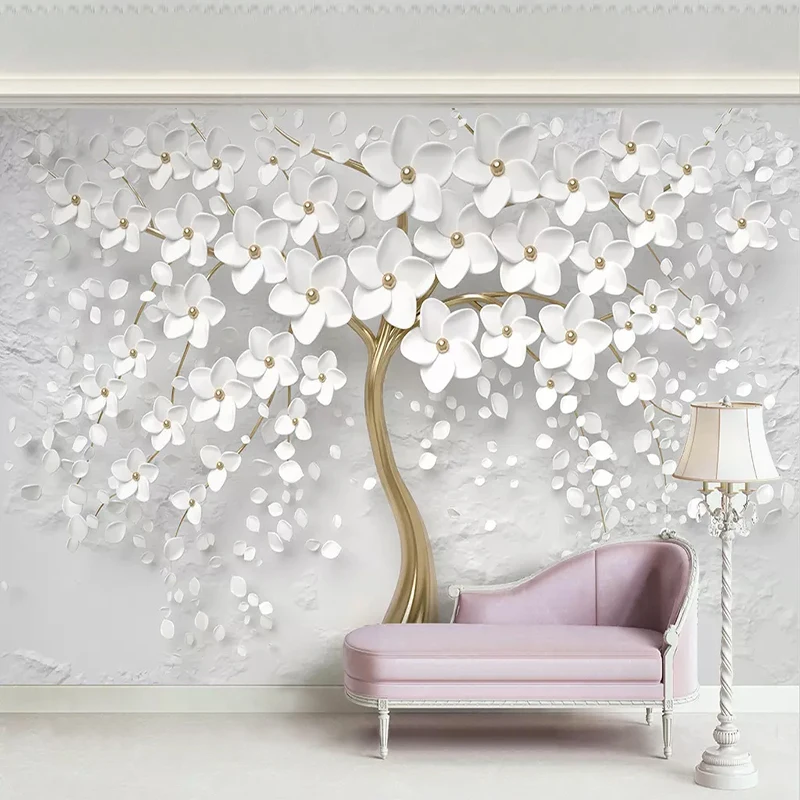 Papel tapiz con foto 3D personalizado, murales de flores blancas, árbol ...