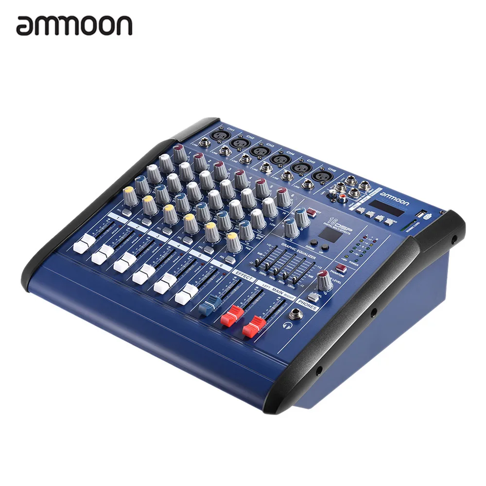 Ammoon 디지털 마이크 라인 오디오 믹싱 콘솔 파워 믹서 앰프, DJ 무대용 48V 팬텀 파워 USB SD 슬롯 포함, 6 ...