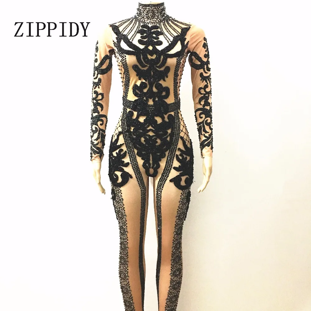 Shining Black Crystals Jumpsuit Nigthclub Performance Outfit Party
