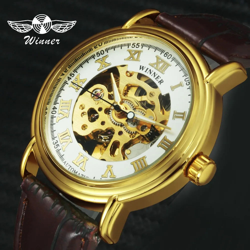WINNER Official Vintage Skeleton Automatic Mechanical Watch Men Gold ...