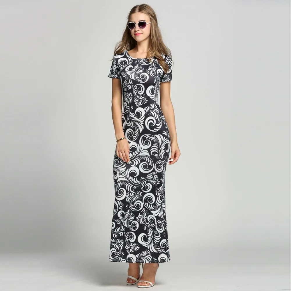 Mulheres da moda O pescoço Manga Curta Impressão Bodycon Maxi Vestido ...