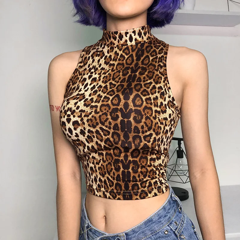 2018 Sexy Woman Leopard Tanks Sleeveless Turtleneck Camisole Backless