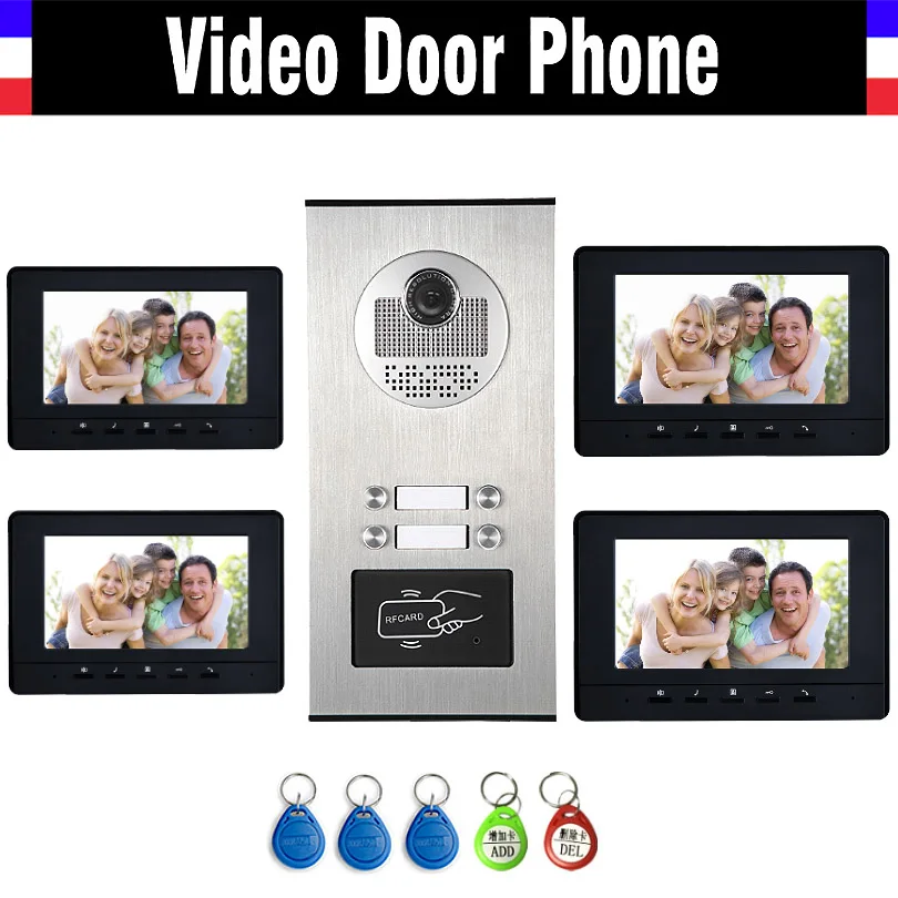4 Units Apartment Intercom System Video Intercom Video Door Phone Kit ...