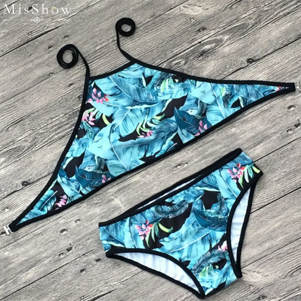 Misshow Sexy 2019 Leaf Women Bikinis Printed Push Up Halter Bikini Set