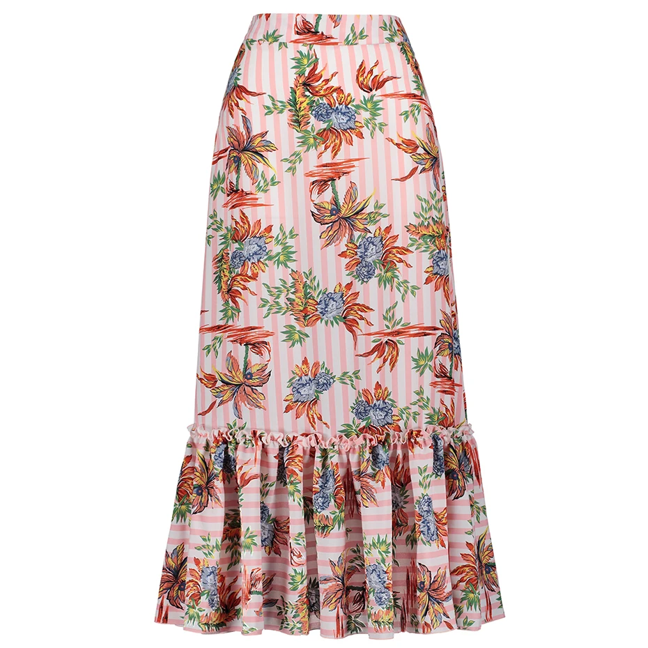 Women Long Skirt Stripe Floral Print Elegant Trumpet Mermaid Skirts ...