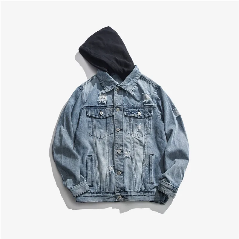 MORUANCLE Fashion Men Hi Street Ripped Denim Jackets With Hood ...