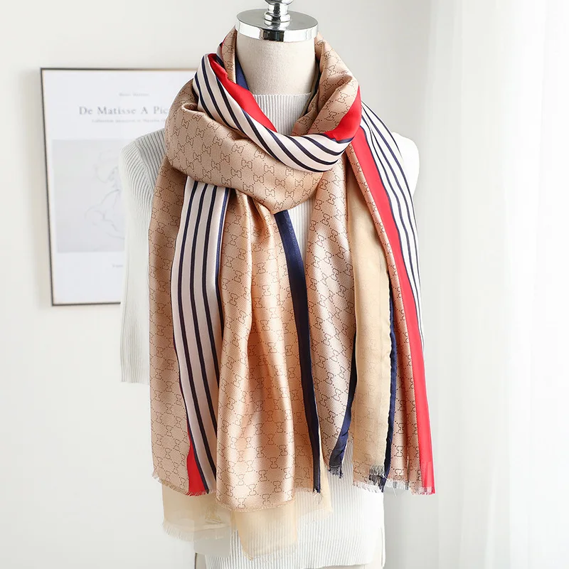 Linda cachecol de seda feminino, cachecol listrado de marca de luxo ...