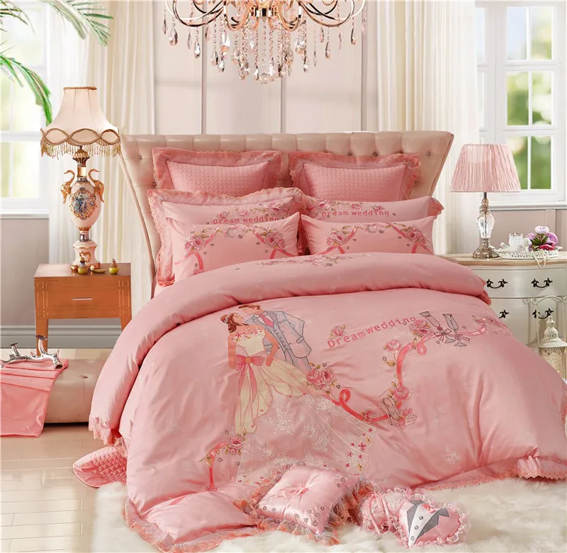 Pink Luxury Wedding Stereoscopic Embroidery Satin Jacquard Bedding