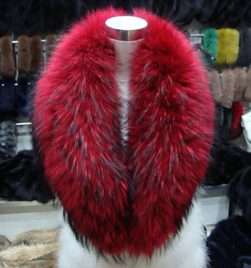 100CM large red raccoon collar women fluffy solid real fur collars ...