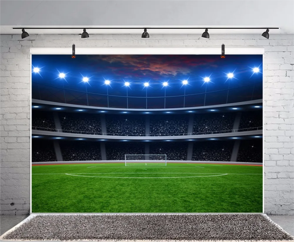 Laeacco Soccer Backgrounds Goal Stadium Spotlight Green Grass Child ...