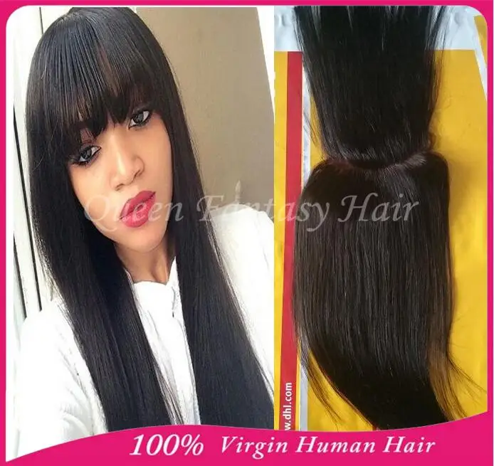 Grade8A virgin brazilian hair lace closure with bangs silky straight ...