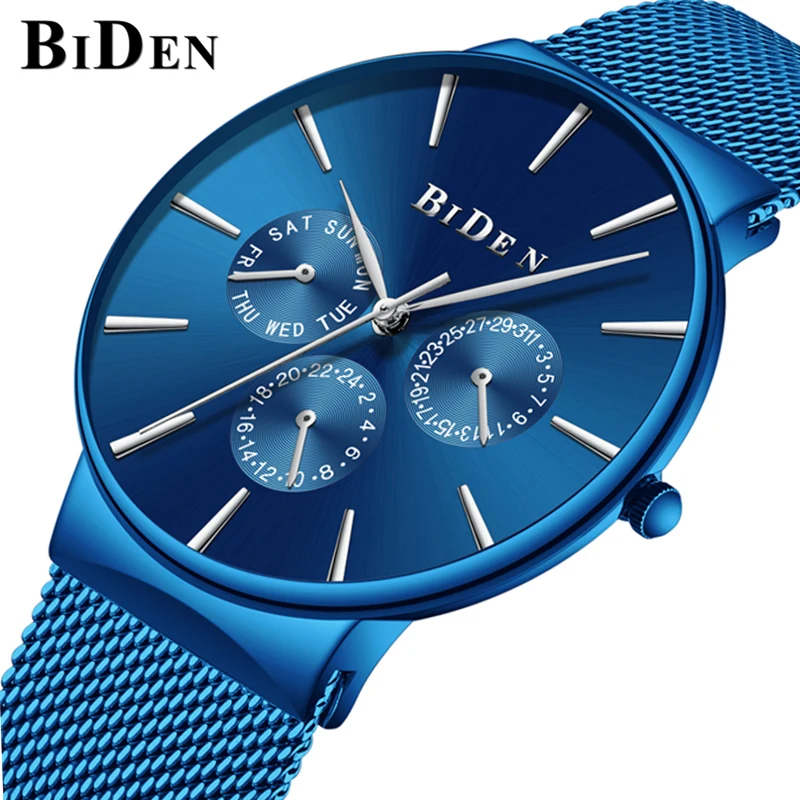 BIDEN Fashion Men Watch Top Brand Luxury Blue Mesh Strap Quartz Watches ...