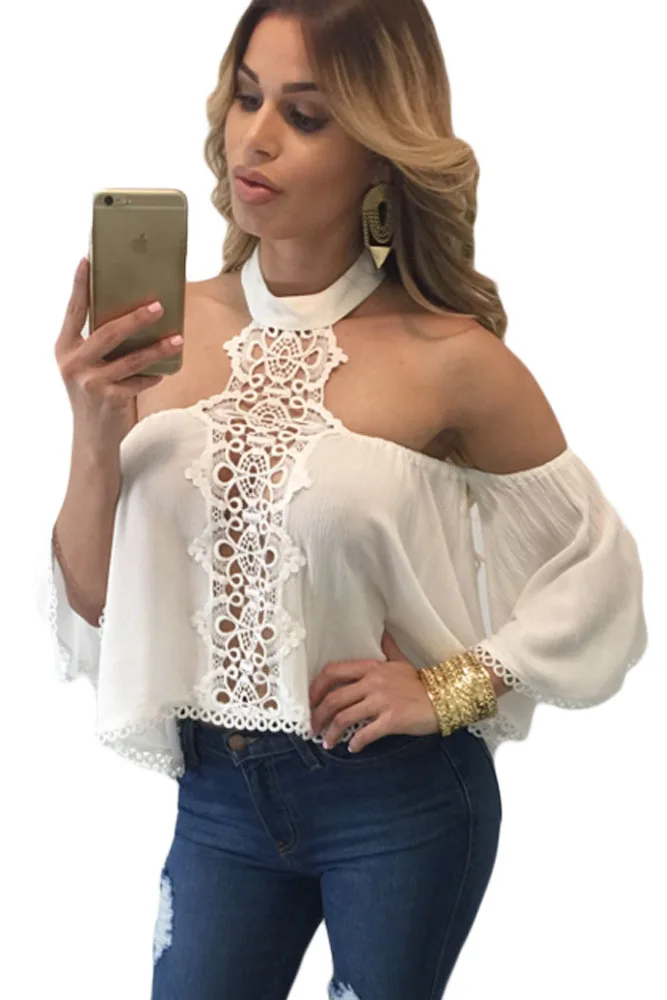 Buy 2017 Summer Women Blouses White Chocker Neck Sexy Off Shoulder Ruffle Crop