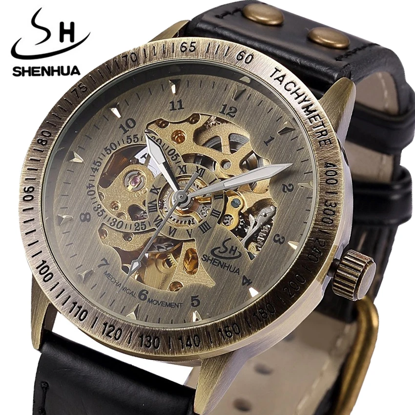 Bronze Automatic Mechanical Watch Men Leather Strap Steampunk Self-wind ...