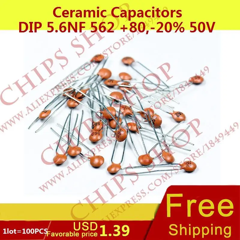 1LOT=100PCS Ceramic Capacitors DIP 5.6nF 562 +80, 20% 50V 5600pF ...