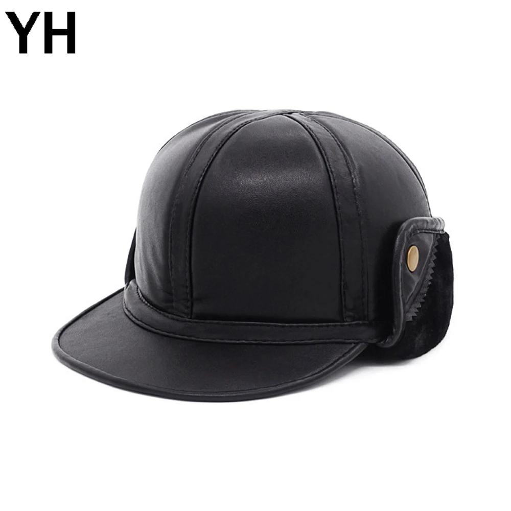 New Men Genuine Leather Ear Protection Cap Real Sheepskin Leather Dome ...