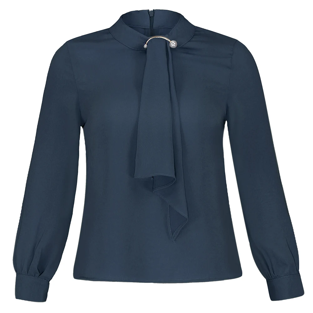 Women chiffon blouse summer solid elegant dark blue long sleeve blouse ...