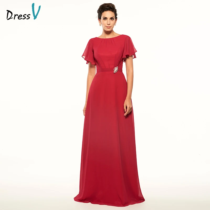 Dressv Long Red Mother Of The Bride Dress A Line Short Sleeves Beading ...